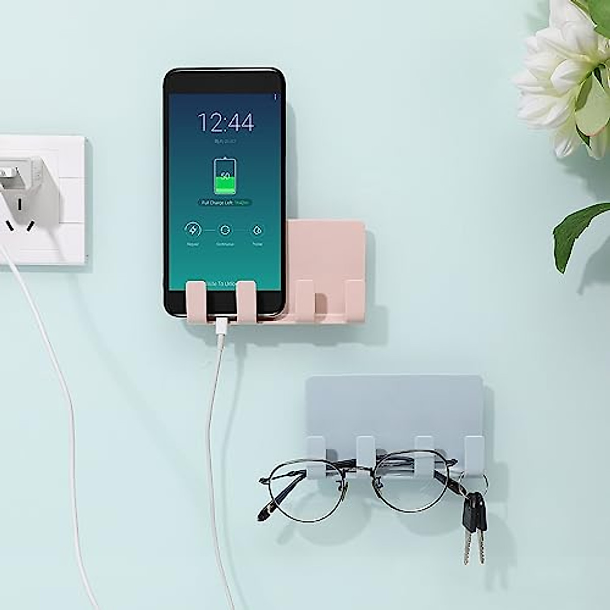 UKCOCO Cell Phone Wall Mount, 3 Pack Multi Purpose Plastic Phone Charging Dock Holder Shaving Razor Towel Hook Bracket for Smartphone Tablet eReader (Mixed Color)