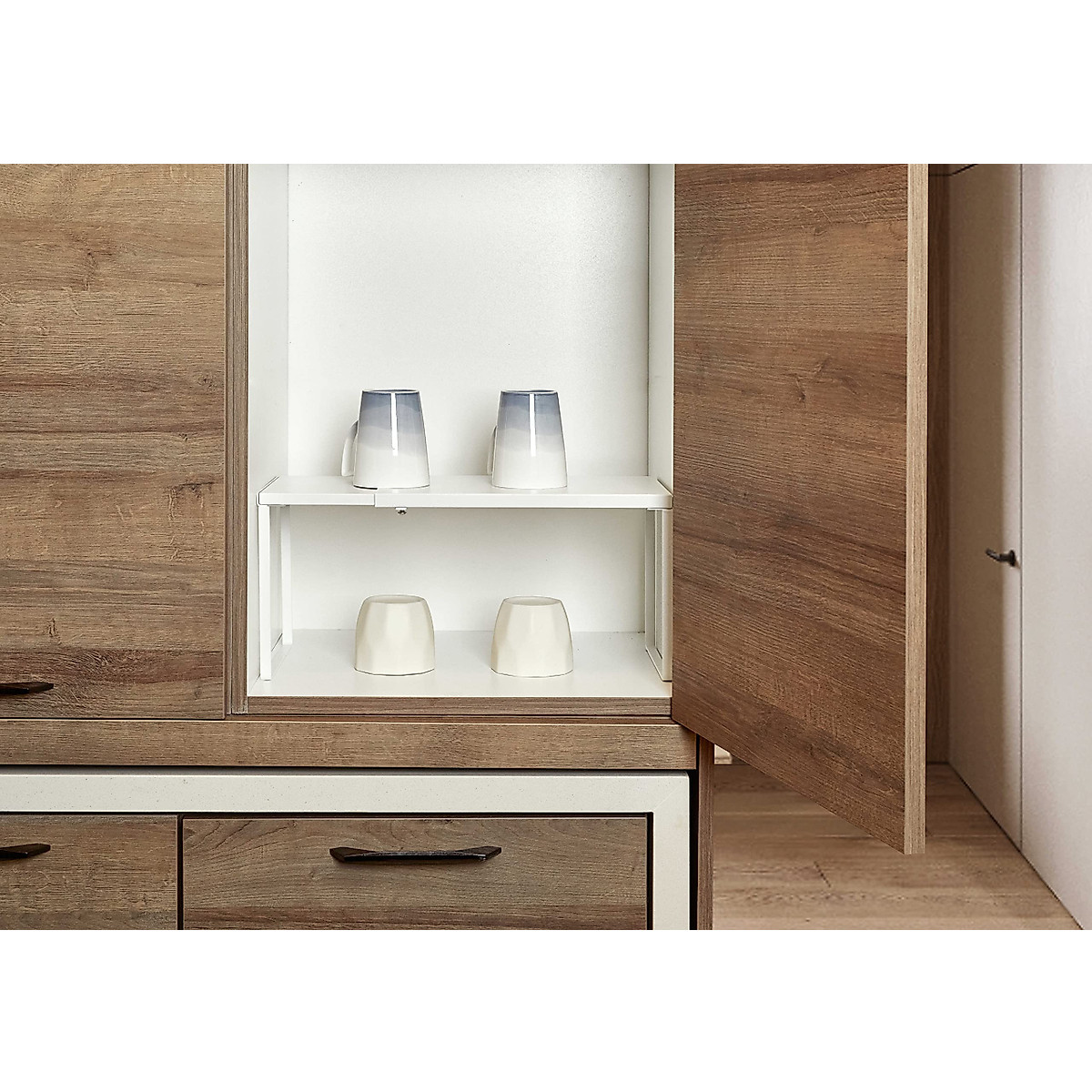 Nxconsu Cabinet Shelf Expandable Organizer Riser Rack for Kitchen Pantry Cupboard Under Sink Countertop Home Organization Extra Storage Space Saver Heavy Duty Metal Edgeless Design White Large