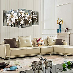 Kreative Arts 5 Panel Flowers Canvas Wall Art Modern Wrapped Floral Artwork Giclee Canvas Prints White and Grey Tulip Paintings on Canvas Ready to Hang for Living Room (Large Size 60x32inch)