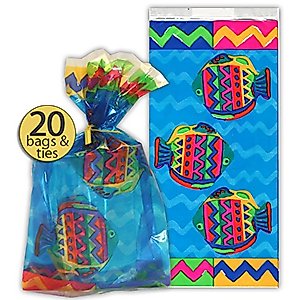Set of 20 - Ocean Fish and Sea Party Favor Bags - Fish Treat Bags - Fish Party Supplies - Fish Cellophane Bags with Twist Ties