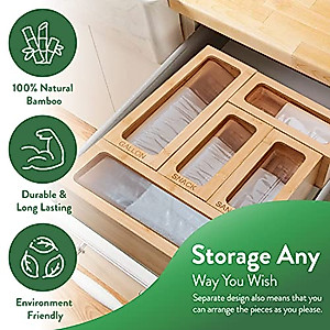 TRAKZA Bamboo Ziplock Bag Organizer for Drawer, Kitchen Storage Bag Organizer, 5 Separate Baggie Organizer for Drawer with Non-Slip Feet and Hanging Holes, kitchen organization and storage
