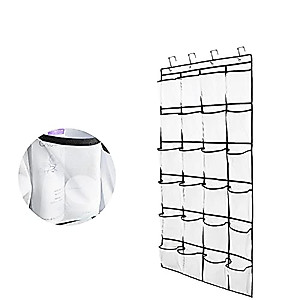 24-Pocket Over-The-Door Shoe Rack and Organizer, Hanging Closet Holder Storage Bag with 24 Large Mesh Pockets, White/Black (White Mesh)