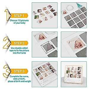 1Dino My First Year Baby Keepsake Picture Frame - 13.2"x 13.2" Rustic Wood Baby Frame Hold 12 Months Photo Inserts - Newborn Baby Registry, Shower Gift for Boys and Girls, Wall or Desk Nursery Decor