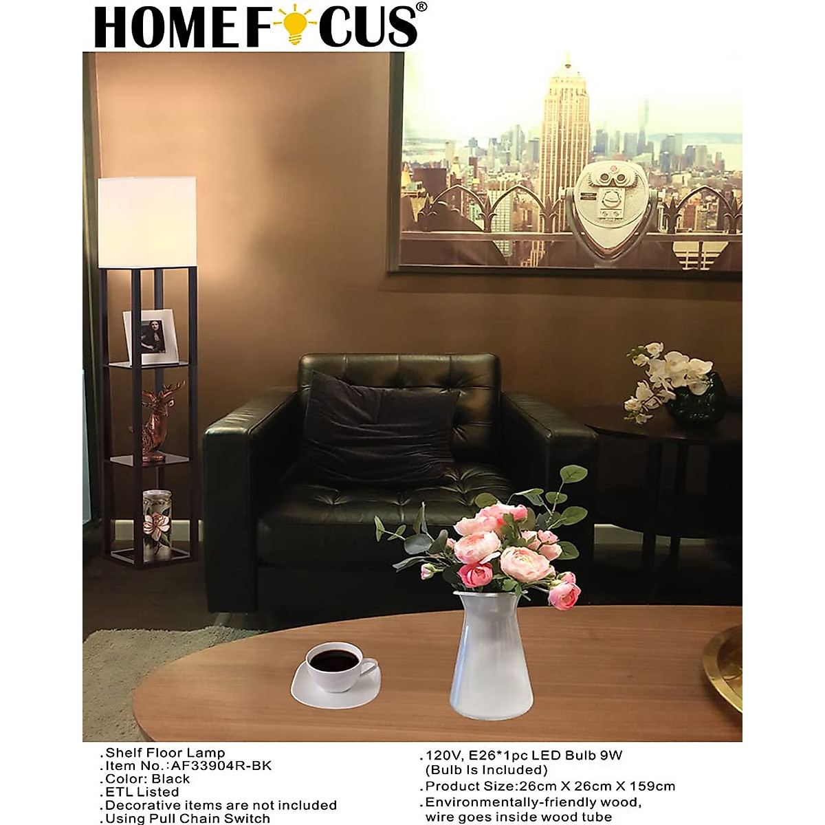 HomeFocus - Floor Lamp,Shelf Floor Lamp with LED Bulb,Display Shelves Floor Lamp,Floor Lamp for Living Room,Floor Lamp for Bedroom,White Linen Shade,Wood,Black