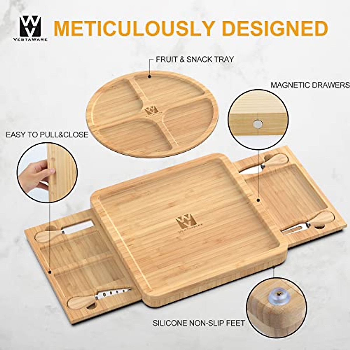 Vestaware Charcuterie Boards Gift Set, Large Charcuterie Board Set with Round Fruit Plate, Cheese Boards Charcuterie Boards - Wedding Gifts for Couple, Bridal Shower Gift, House Warming Gifts New Home