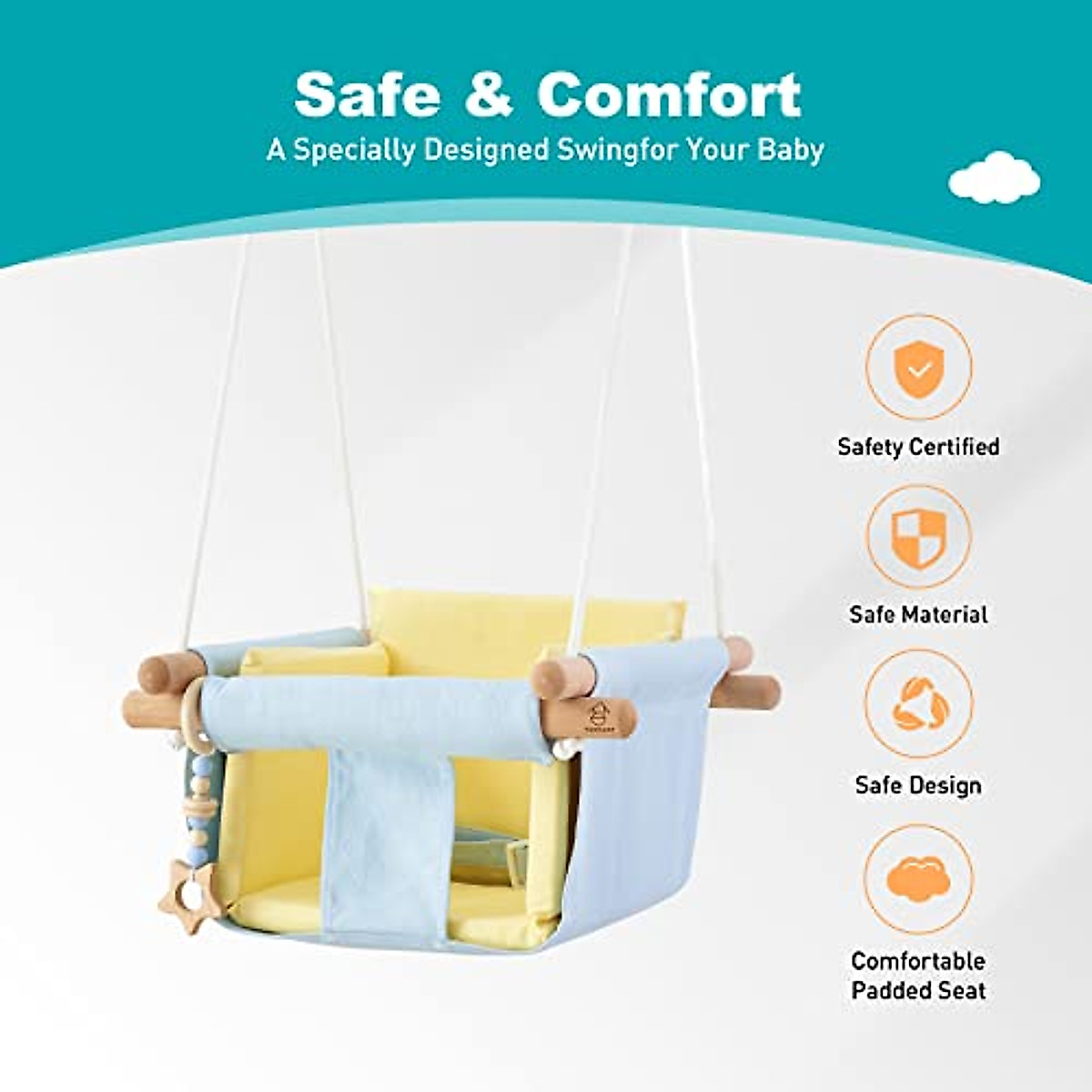 Troispot Comfortable Baby Swing Seat, Secure Canvas and Wooden Hanging Swing Chair for Baby, Infant, Toddler, Child, Kids Toys, Indoor Outdoor Hammock for Playground, Tree Swings or Backyard, B2