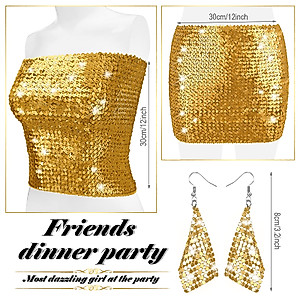 Women's Sparkly Sequin Crop Tops Strapless Metallic Tube Tops with Metal Mesh Drop Dangle Earrings for Party Clubwear (Gold)