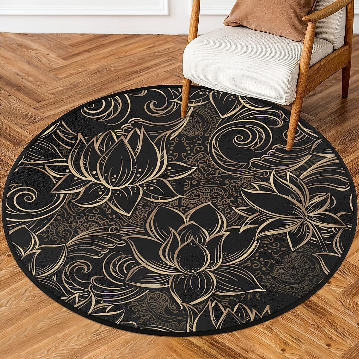 Luxurious Lotus Flower Round Rug 5.2Ft Black Non Slip Round Area Rug for Bedroom Living Room, Soft Throw Rugs Play Rug Circular Area Rugs Circle Playhouse Carpet