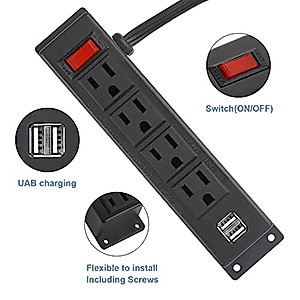 Wall Mount Power Strip with 4 Outlet, Mountable Power Strip with 2 USB Ports, 4-Port Under Desk Mount Connect with 6FT Power Cord, for Workbench, Nightstand, Dresser, Table.