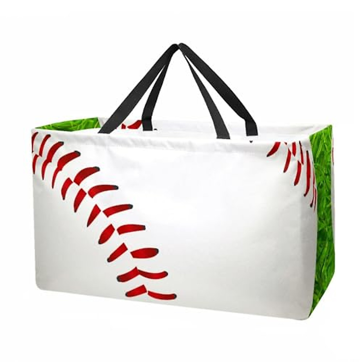 suojapuku Reusable Grocery Bags,Green grass and baseball,Lightweight Recycling Shopping Totes Bag with Handle for Groceries