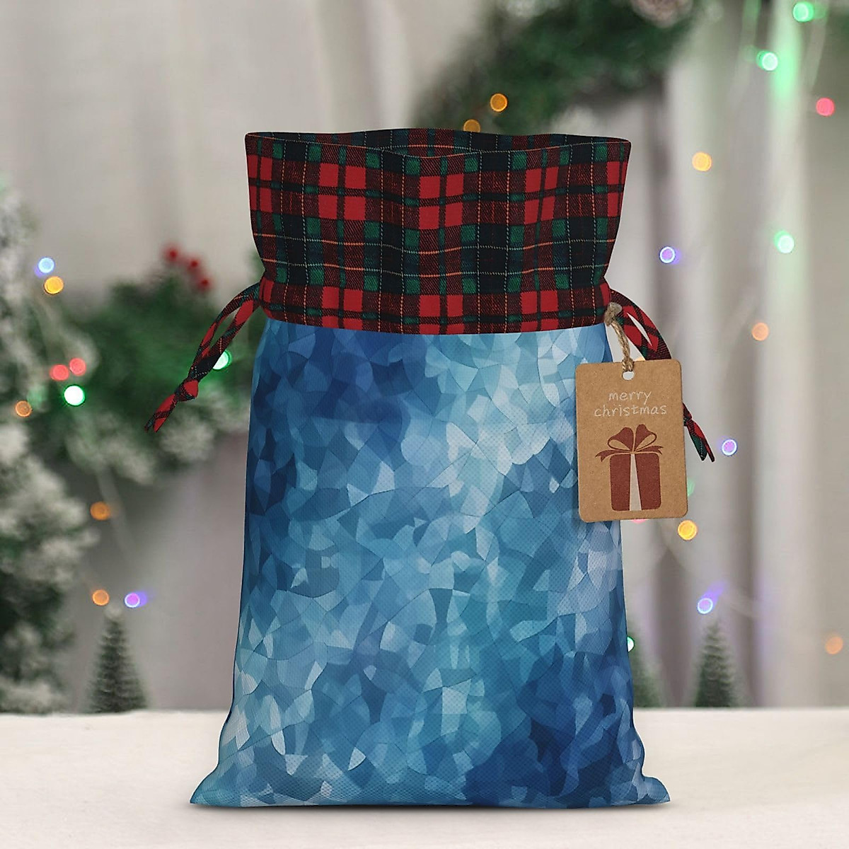 Christmas Gift Bags with Drawstring Burlap Gift Bags Abstract color Blue Christmas Linen Bags for Xmas Party Candy Bags with Cards Xmas Reusable Wrapping Bags Christmas Linen Treat Bags for Holiday