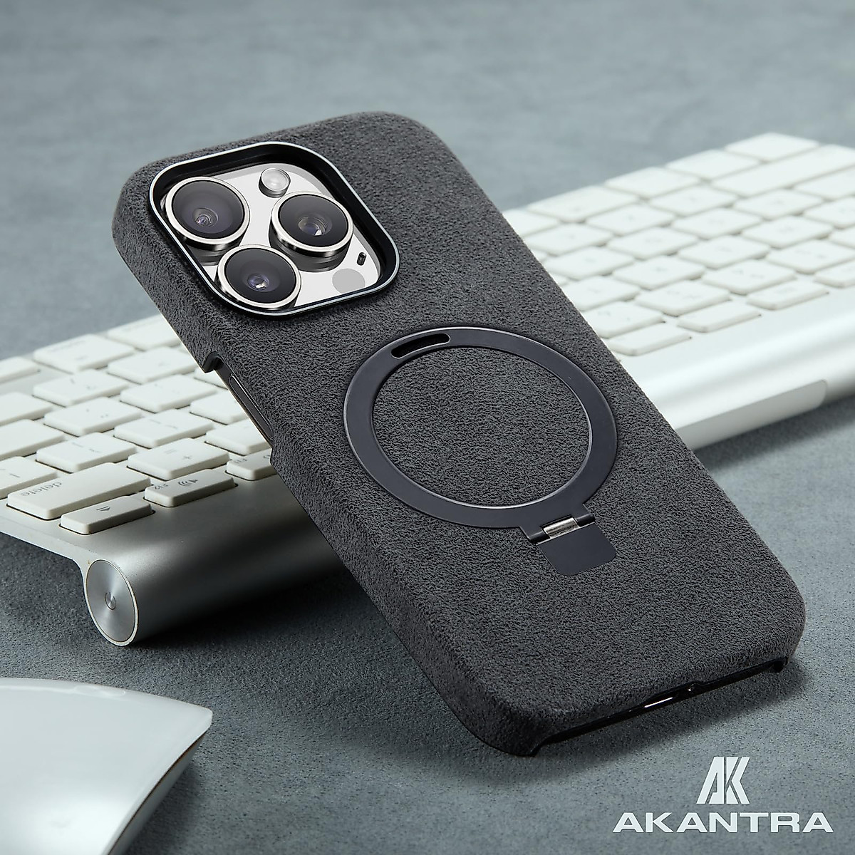 AKANTRA Alcantara Case for Apple iPhone 15 Pro Max, Handmade Half-Wrapped Synthetic Suede Cover, Magnetic Holder Ring Compatible with Magsafe Wireless Charging (iPhone15 Pro Max, Black)