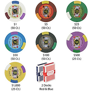 MBGBrybelly King's Casino Poker Chip Set in Wooden Carousel Carry Case - Casino Clay Composite 14-Gram Quality Chips - Convenient Rotating Tray Includes Playing Card Decks - Chip Protection (300 ct)