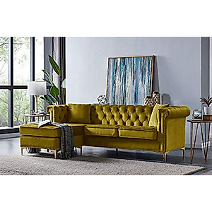 Iconic Home Levin Left Hand Facing Sectional Sofa L Shape Chaise Velvet Button Tufted Rolled Arm with Nail Head Trim Tone Metal Y-Leg with 2 Accent Pillows Modern Contemporary, Gold