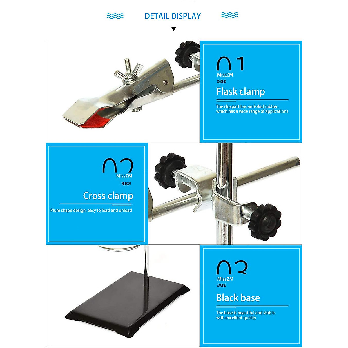 Laboratory Retort Support Stand for Titration Extraction - XMWangzi, with a Burette Clamp and 2 Flask Ring Clamps, Used in Chemistry or Physics Lab (RodLength 16'')