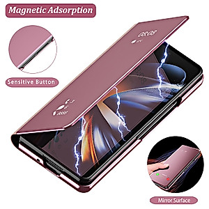 NINKI Clear Mirror Case Compatible Samsung Galaxy Z Fold 5 Case with Kicktand,Ultra Thin & Lightweight Flip Mirror Makeup Cover Electroplated Full Protection Stand Cover for Galaxy Z Fold 5 Case Pink
