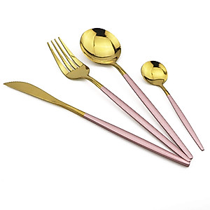 JANKNG 24-Piece Flatware Set, 18/0 Stainless Steel Knife Fork Spoon Teaspoon Silverware Set, Service for 6, Pink Handle Gold