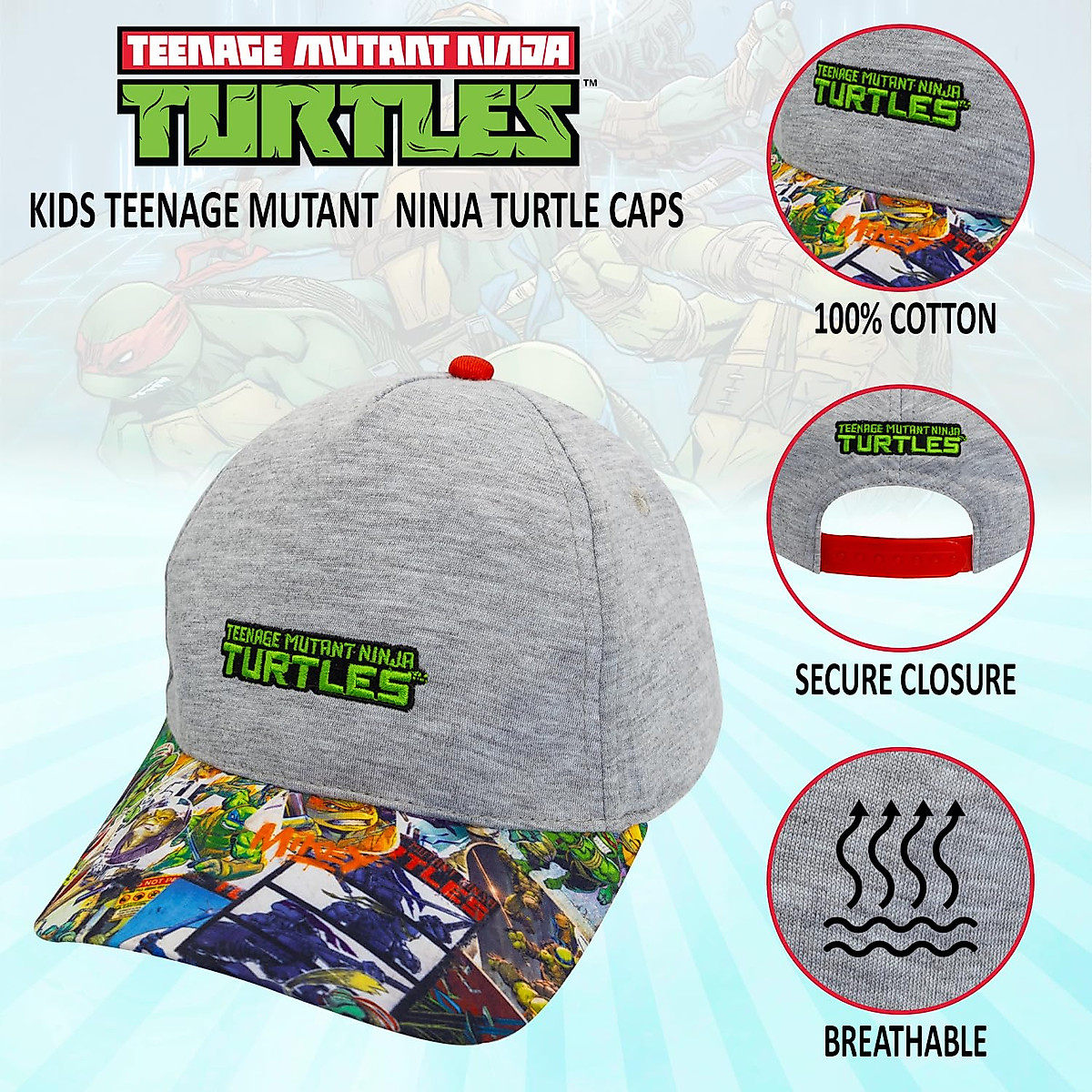 Teenage Mutant Ninja Turtles Boys Baseball Cap, TMNT Kid Adjustable Cotton Hat Multicolor