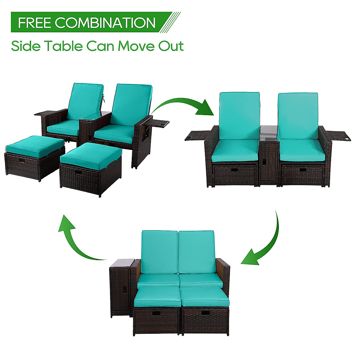 B BAIJIAWEI Patio Wicker Loveseat Adjustable Lounge Chair with Ottoman Footrest, Wicker Furniture for Garden, Patio, Balcony, Beach, Coffee Bar, Deck