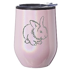 Stemless Wine Tumbler Coffee Travel Mug Glass With Lid Gift Cute Bunny (Pink Glitter)