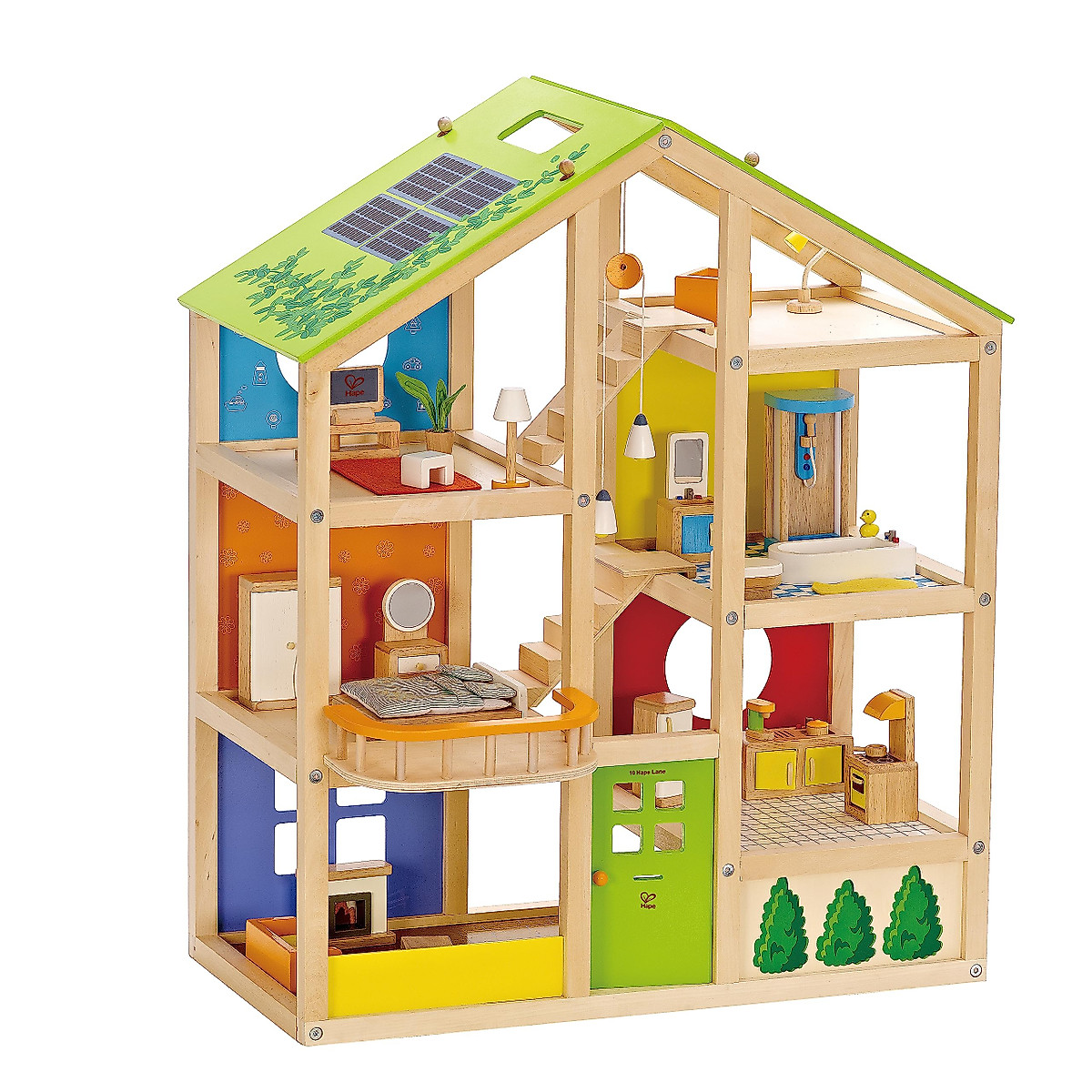 All Seasons Kids Wooden Dollhouse by Hape | Award Winning 3 Story Dolls House Toy with Furniture, Accessories, Movable Stairs and Reversible Season Theme L: 23.6, W: 11.8, H: 28.9 inch