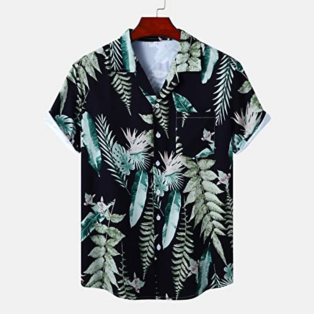 DUOWEI Male Spring and Summer Single Breasted Shirts Casual Print Lapel Beach Short Sleeve Pocket Outdoor Vacation Shirts Black