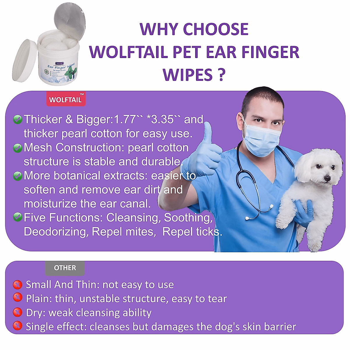 Wolftail Dog Eye Wipes & Dog Ear Wipes & Dog Ear Cleaner