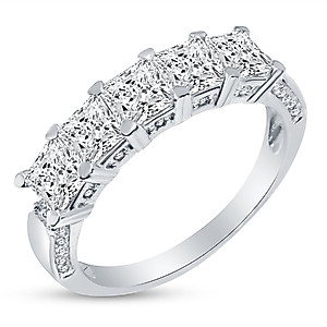 Size - 7 - Solid 14k White Gold 5mm Princess Cut Five Stone With Side Accents Anniversary Ring Wedding Band CZ Cubic Zirconia 2.0cttw.