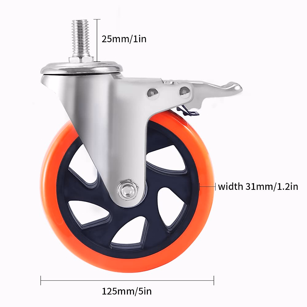 5 inch Casters Heavy Duty Swivel Threaded Stem Caster Wheels with Threaded Diameter 1/2''-13x1'' Length 1 Inch Thread Dual Locking Wheel with Brakes Pack of 4 (5 inch)