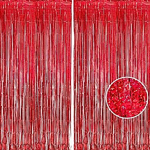 BRAVESHINE Red Tinsel Foil Fringe Curtains - 2Pcs 3.2x8.2ft Holidays Photo Booth Backdrop for Girls' Birthdays Valentine’s Day Christmas Bridal Bachelorette Anniversary Engagement Party