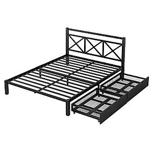Queen Size Platform Bed Frame, Metal Bed Frame with 2 Storage Drawers Queen Bed Frame with Headboard More Sturdy, Noise-Free, No Box Spring Needed, Easy Assembly, Black