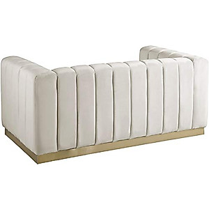 Meridian Furniture 603Cream-L Marlon Collection Modern | Contemporary Velvet Upholstered Loveseat with Deep Channlel Tufting and Brushed Gold Finish, Cream, 62.5" W x 34" D x 28" H