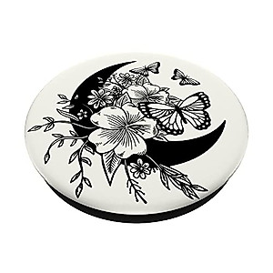Floral White Black Butterfly Crescent Moon Flower PopSockets Swappable PopGrip