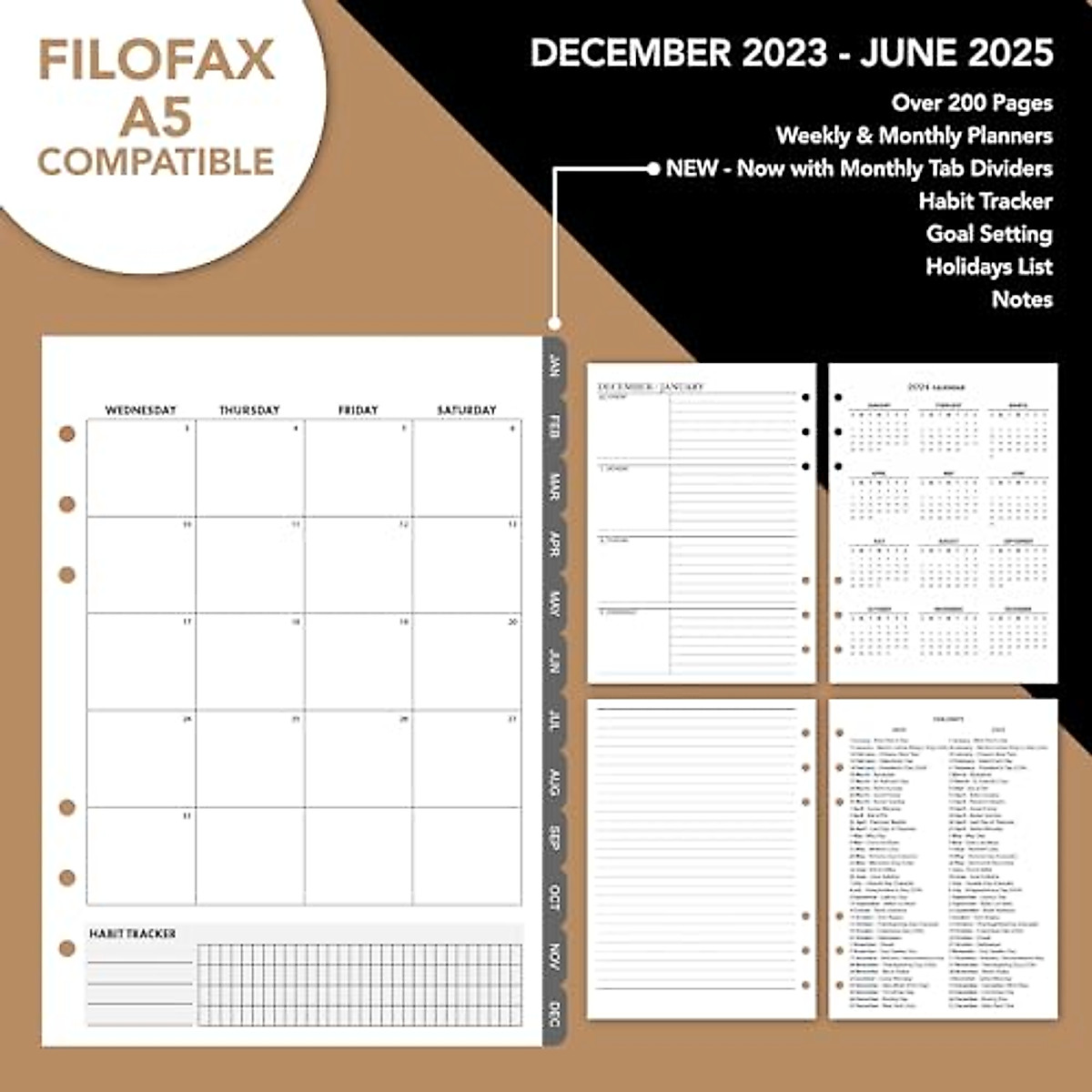 2024/25 A5 Calendar Planner Inserts - 8 1/4 x 5 5/8 (21cm x 14.2cm) - Ivory Color - Thick Monthly & Weekly Calendar Refill for A5 6-Ring Binder Planner, Compatible with Filofax, to June 2025