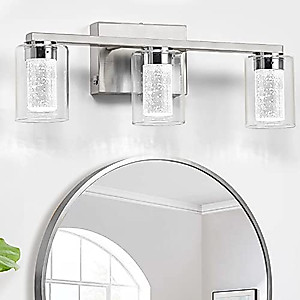 SADENICEL Brushed Nickel Vanity Lights, 3-Light Bathroom Light Fixtures, Crystal LED Bathroom Lights Dimmable White/Neutral/Warm Light with Clear Glass Shade for Bathroom Bedroom Hallway Lighting