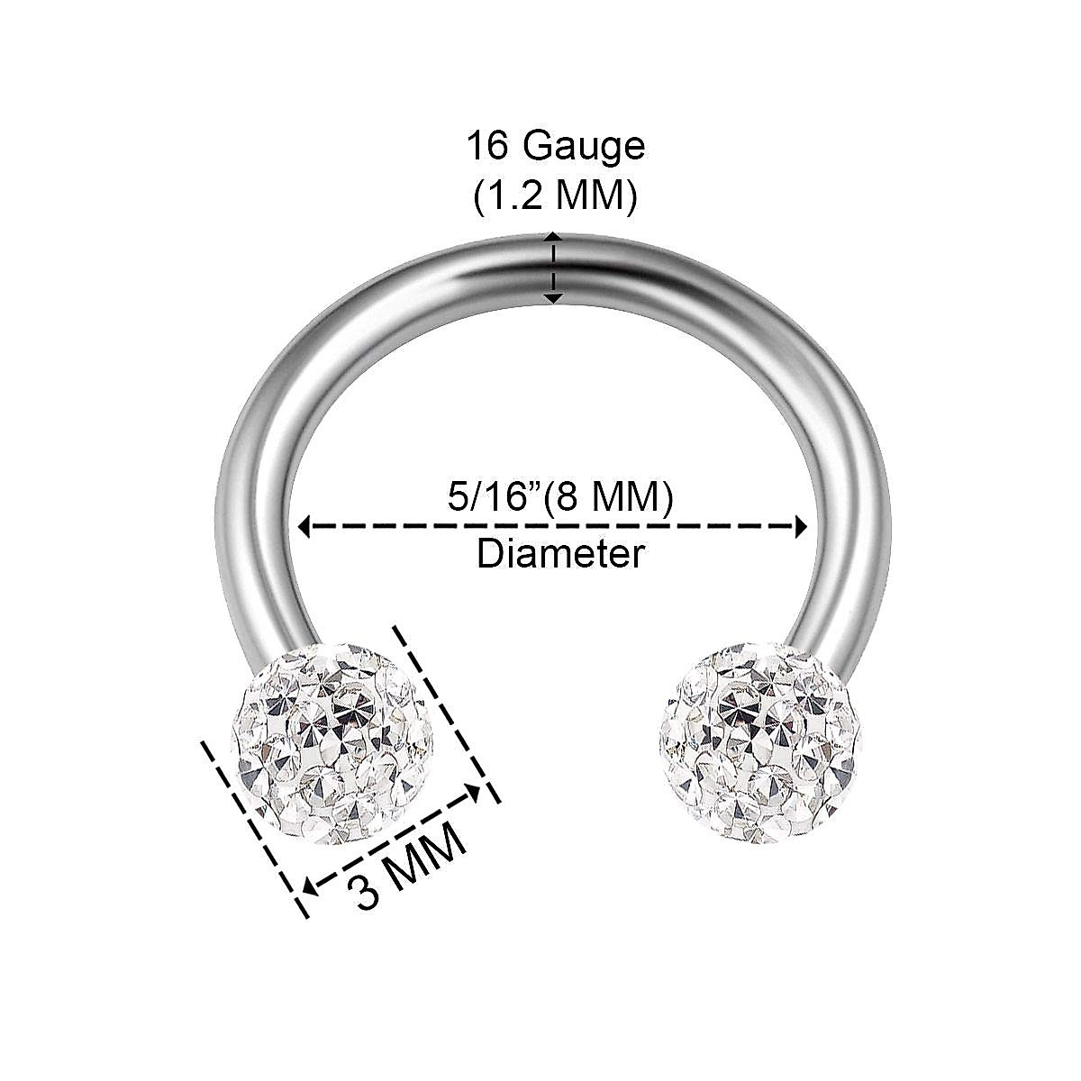 2PCS Surgical Steel Horseshoe Earrings 16 gauge 5/16 8mm 3mm Clear Crystal Ball Eyebrow Earrings Septum Piercing Jewelry 2145