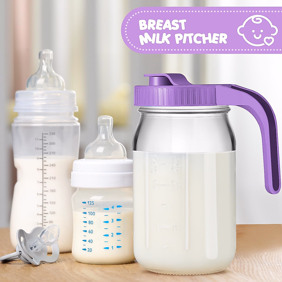 Baderke Breast Milk Pitcher for Fridge, Wide Mouth, 1 Quart (32 oz) Mason Jar with Lid, Heavy Duty Leak Proof Breastmilk Storage Container, Leak Proof, Sturdy Breast Milk Mixer Pitcher (Purple)
