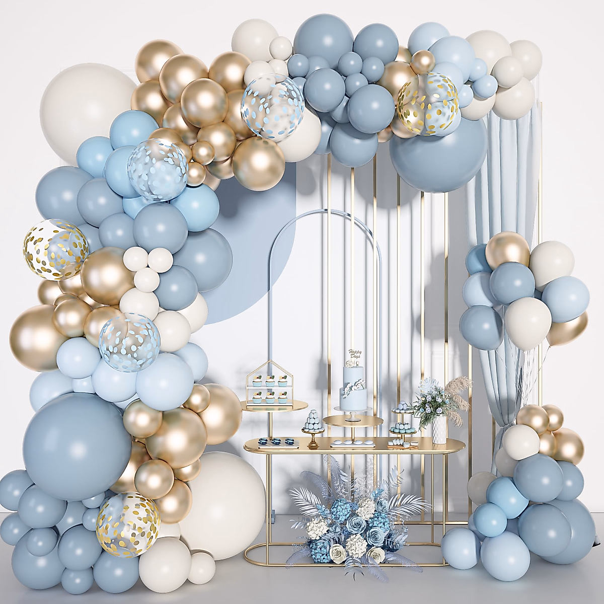 Ouddy Life 180Pcs Dusty Baby Blue Balloons Arch Garland Kit, Blue Baby Shower Decorations Boy with Fog Blue Sand White Chrome Gold Champagne Balloons for Birthday Boho Bridal Shower Party Decor