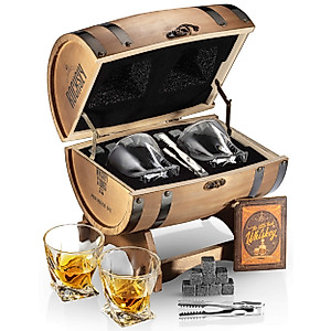 ROCKSLY Full Barrel BAR Set: Men’s Premium Whiskey Stones Gift Box, Wood Case & Stand, 2 Glasses, 8 Stones, Tongs, Carry Bag, & Cocktail Cards, 14 Pcs