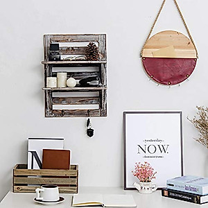 Liry Products Rustic Wooden Wall Mounted Shelves Iron Hooks Two-Tier Storage Rack Brown Torched Distressed Wood Display Shelf Organizer Farmhouse Decorative Holder Home Office Kitchen Living Room