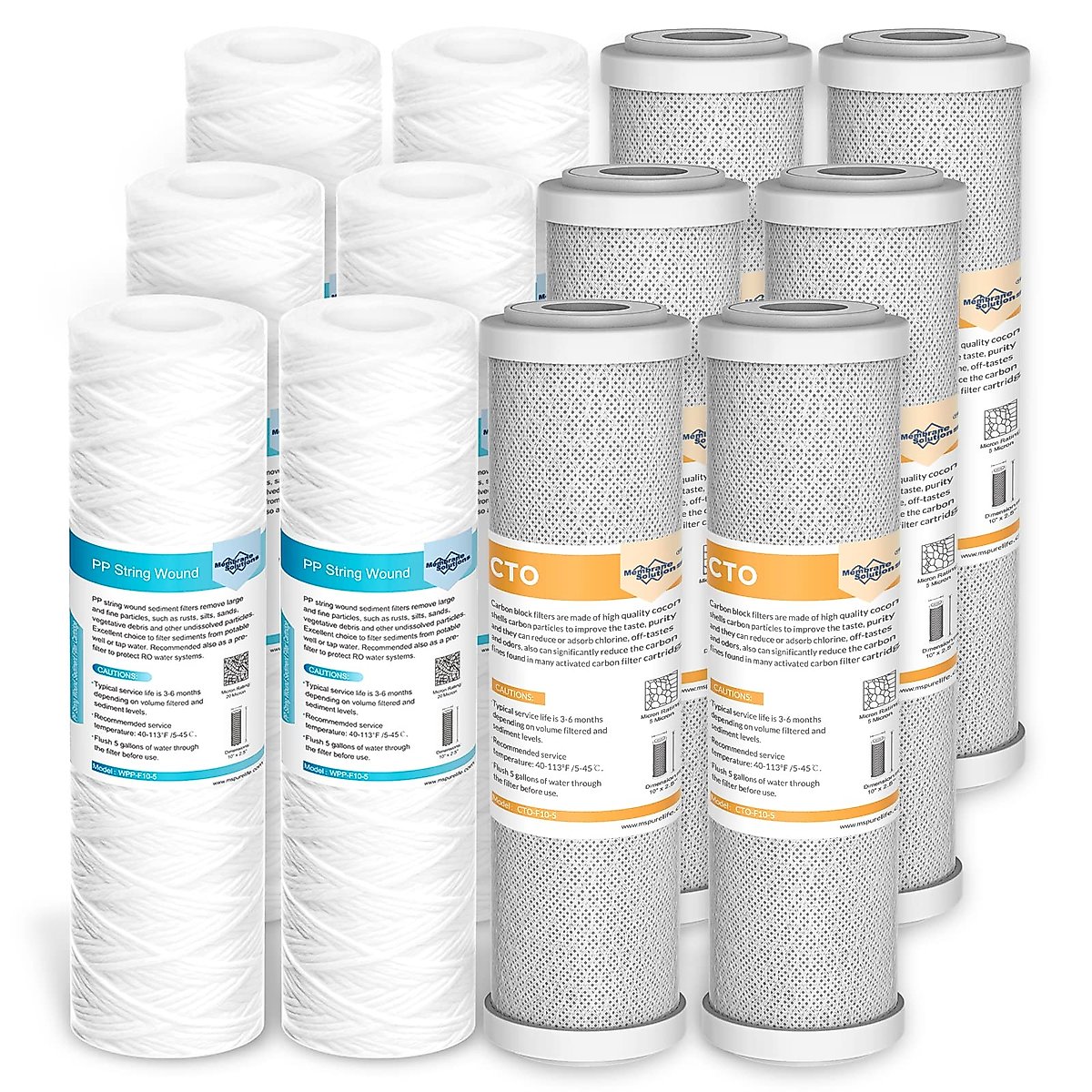 20 Micron String Wound & 5 Micron CTO Carbon Block Water Filter 10"x2.5", Whole House Water Filters Universal Replacement Filter Cartridge by Membrane Solutions
