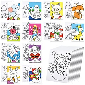 12 Packs Winter Animals Pre Drawn Canvas for Painting, 5" X 7" Animals Theme Pre Printed Canvas for Kids, Pre Stretched Canvas Outline Painting Boards for Beginners Students, Party Favor