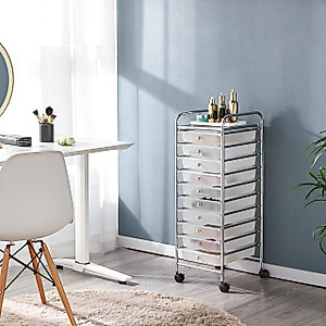 Topeakmart Plastic Trolley with 10 Drawers Rolling Cart Organizer Utility Cart Storage Bin Organizer on Wheels, White