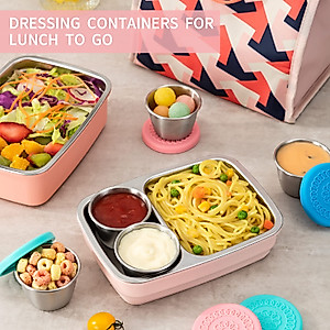 Freshmage [6 Pack 2.4oz] Stainless Steel Dressing Container with Silicone Lids, Reusable Leakproof Condiment Containers Small Sauce Container Sets