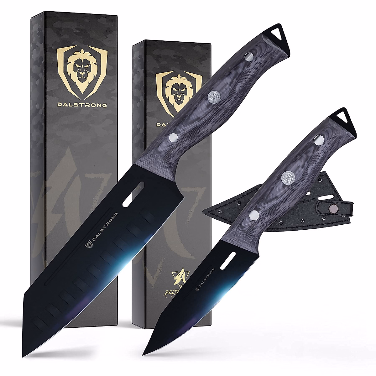 DALSTRONG Delta Wolf Series Santoku Knife 7" Bundled with Delta Wolf Series Paring Knife 4" with PU Leather Sheath - Black Titanium Nitride Coating - G10 Camo Handle