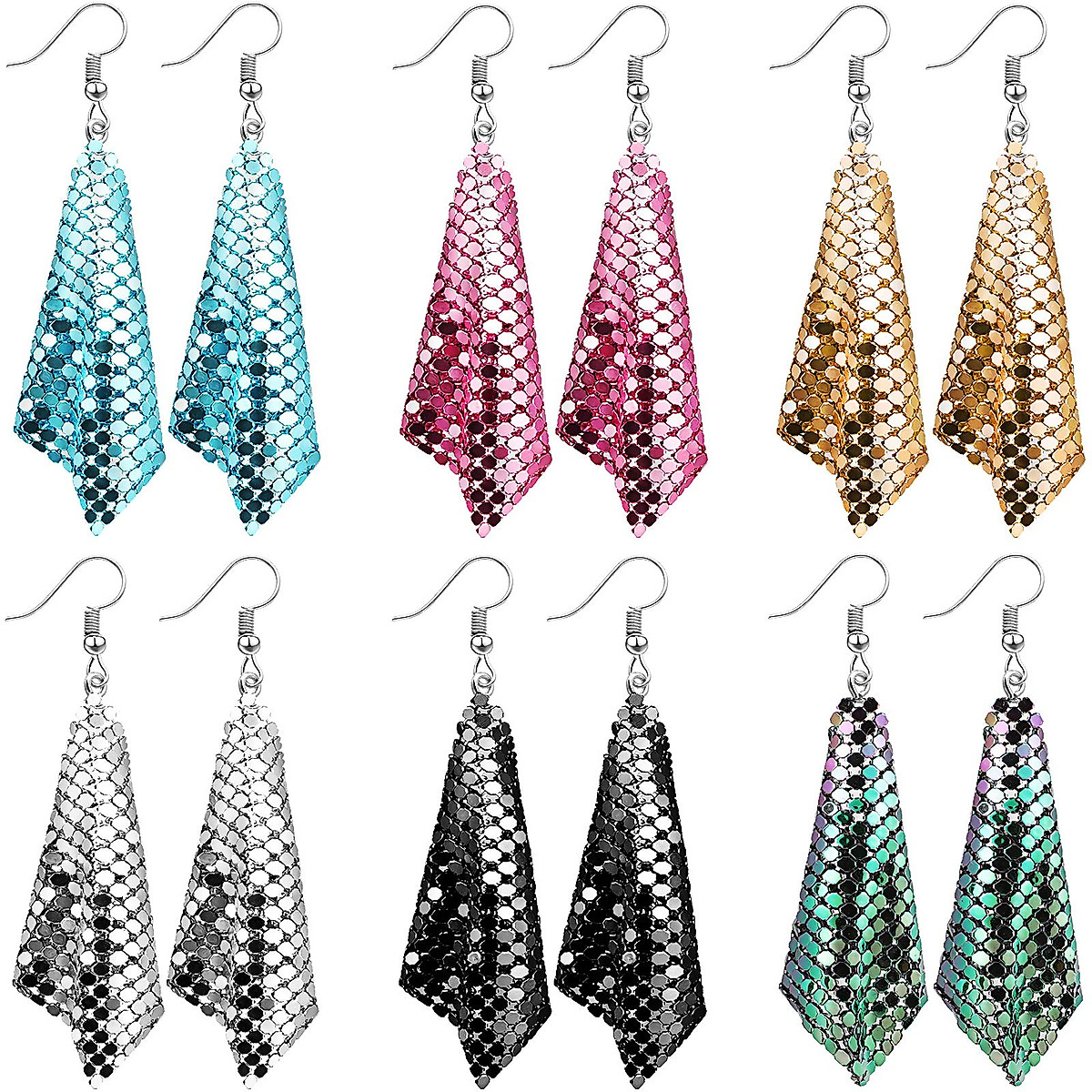 6 Pairs Sequin Dangle Earrings Mesh Grid Tassel Drop Earrings Colorful Sequin Earrings for Women (Extra Large, Simple Style)