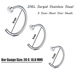 FIBO STEEL 18G-20G 18PCS Stainless Steel Body Jewelry Piercing Nose Ring Hoop for Women(6mix color 18pcs, 20G,6/8/10MM)