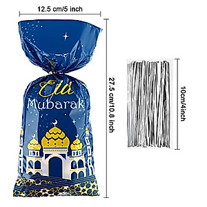 100 Pieces Eid Mubarak Party Treat Bags, Ramadan Theme Printed Pattern Gift Bags Cellophane Clear Plastic Goodie Favor Bags with Silver Twist Ties for Eid Mubarak Party