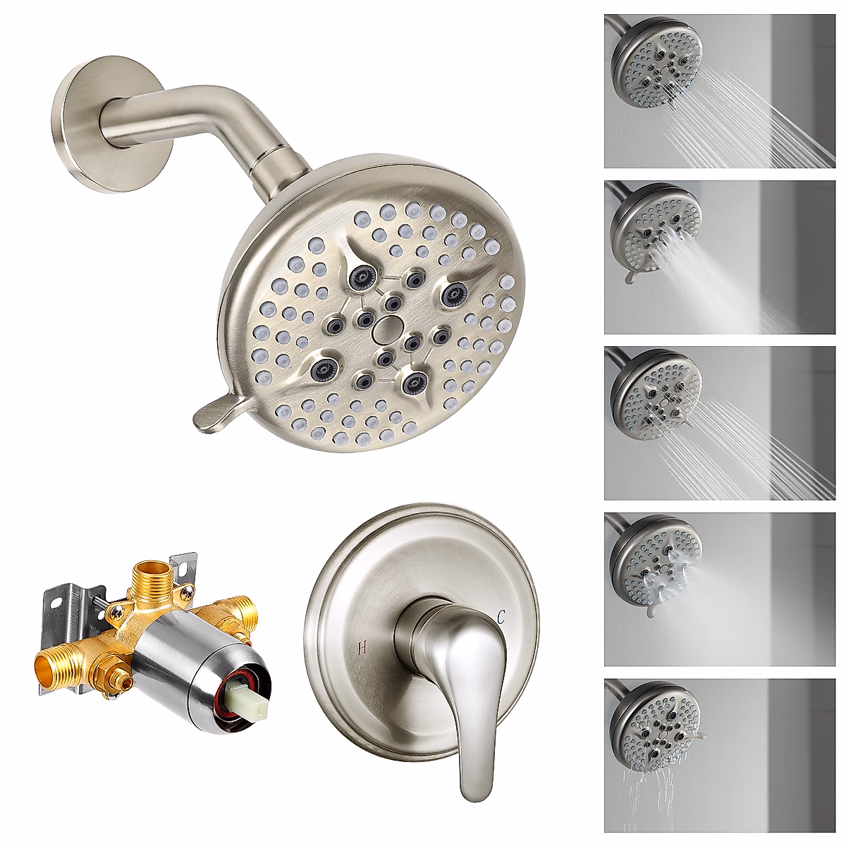 KINSE Brushed Nickel Shower Faucet Set, Shower Valve and Trim Kit With 5 Inches Rain Shower Fixtures, 5-Spray Shower Head and Faucet Set, Single Handle Control Shower Faucet Set with Valve