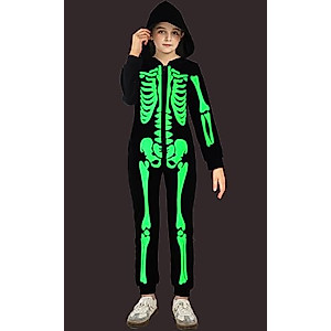 Bordazor Kids Skeleton Costume Glow in The Dark One-Piece Skeleton Hoodie for Halloween (8-10 Years)